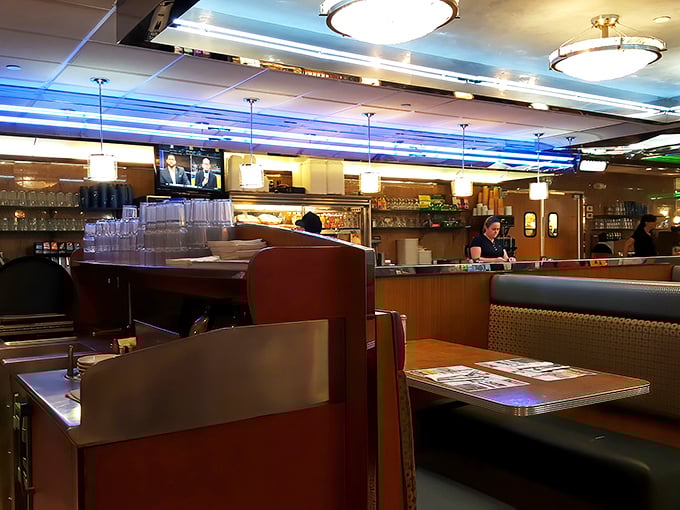 The diner's interior combines classic booth seating with unexpected elegance—like your favorite comfortable shoes suddenly got a designer upgrade.