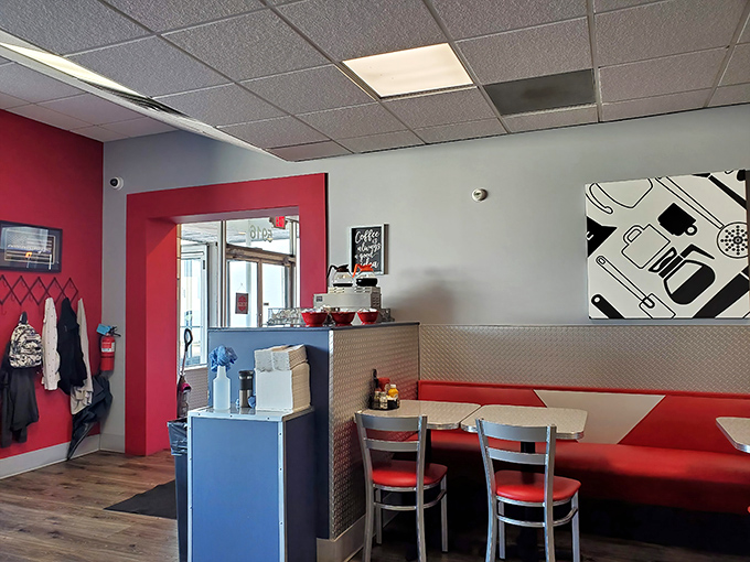 Red booths, warm wood, and clean lines create that perfect diner aesthetic—comfortable enough to linger, stylish enough to impress your Instagram followers.