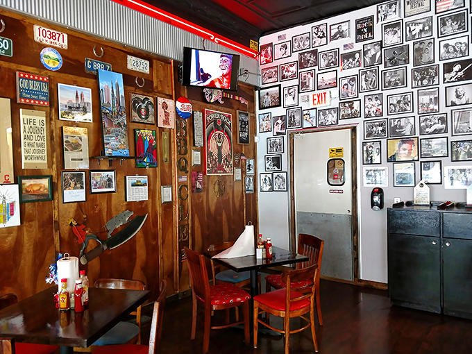 Red lights bathe everything in a warm glow, like dining inside a delicious sunset.