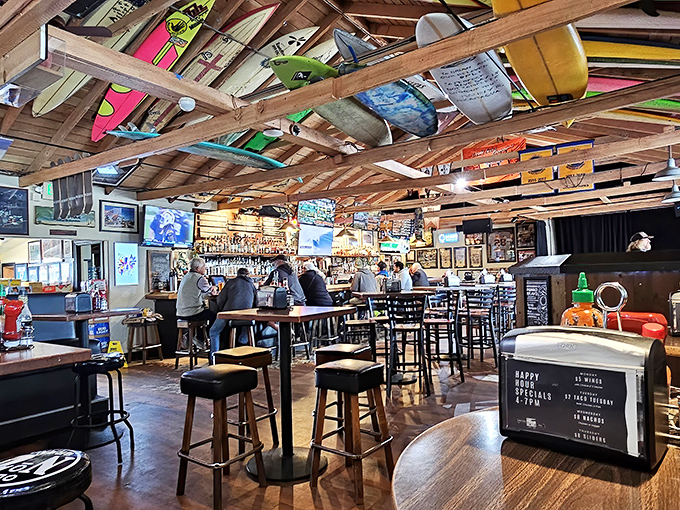 Where surfers come to refuel and storytellers come to spin tales. The collection of boards overhead chronicles California's wave-riding heritage better than any museum.