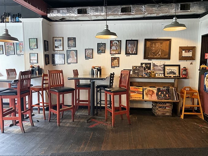 The vinyl corner at Eli's proves good barbecue and good music are life's perfect pairing – just ask the Reds legends watching from the walls.