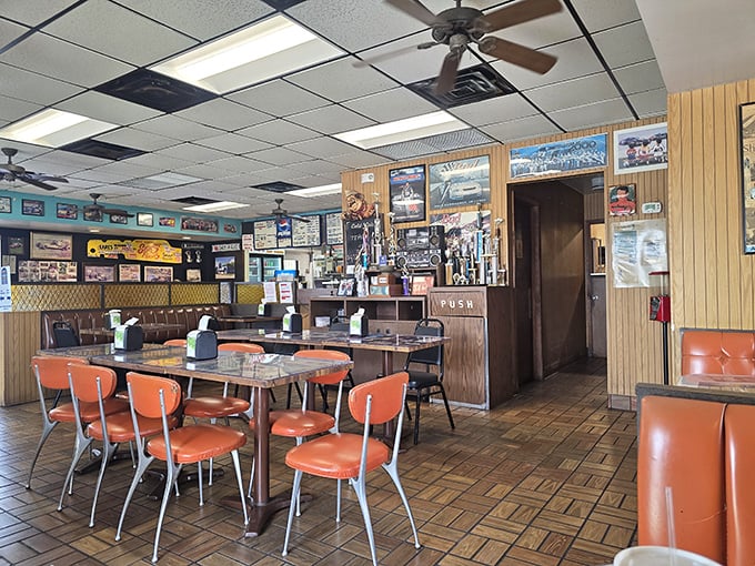Orange chairs that haven't changed since Carter was president—because when something works this well, why mess with perfection?