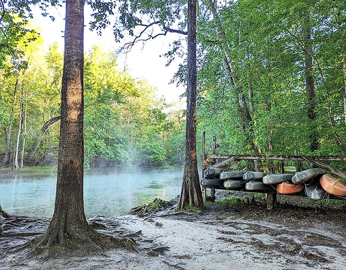 Morning mist rises from crystal waters as canoes wait patiently. It's like waking up inside a dream you don't want to end.