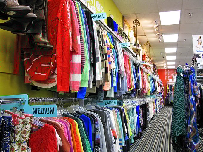 A rainbow of possibilities organized by size. Shopping here is like having a color therapist and personal stylist rolled into one.