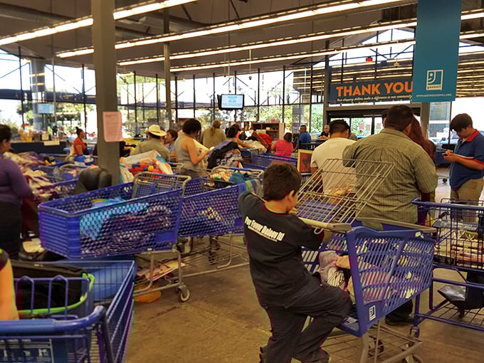 Blue carts filled with possibility. Like modern-day prospectors, these shoppers know the difference between pyrite and gold in the thrifting world.