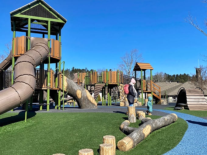 Childhood joy engineered with natural materials. This playground blends seamlessly into the mountain aesthetic while promising adventures for the little ones.