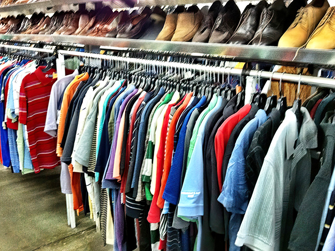 The menswear department: where yesterday's boardroom attire awaits tomorrow's job interview. Those shoes have stories to tell—and miles left to walk.