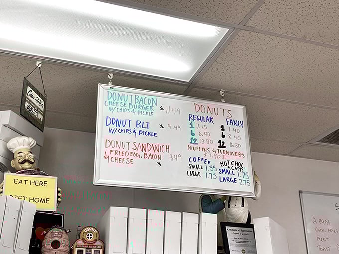 The whiteboard of possibilities—where donut sandwiches and bacon cheeseburgers coexist in perfect harmony. Choose your adventure wisely.