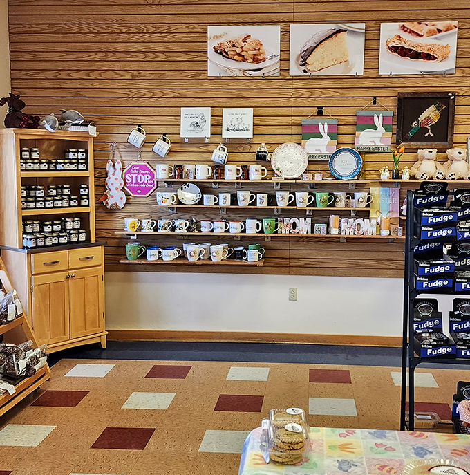 The wall of mugs and merchandise proves that pie devotion extends beyond eating—true fans want reminders of Mama Jo's even at breakfast.
