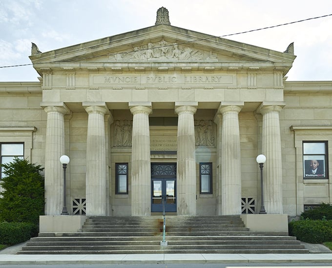 The Muncie Public Library's classical columns aren't just architectural showing off—they're guardians of knowledge in an age of "just Google it."