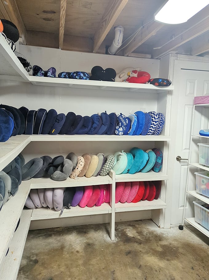 The neck pillow collection: silent witnesses to road trips, plane rides, and that universal human experience of trying to sleep sitting upright.
