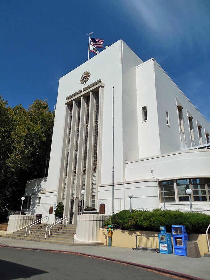 The Art Deco Nevada County Courthouse commands attention with its gleaming white façade, like a government building dressed for a Hollywood premiere.