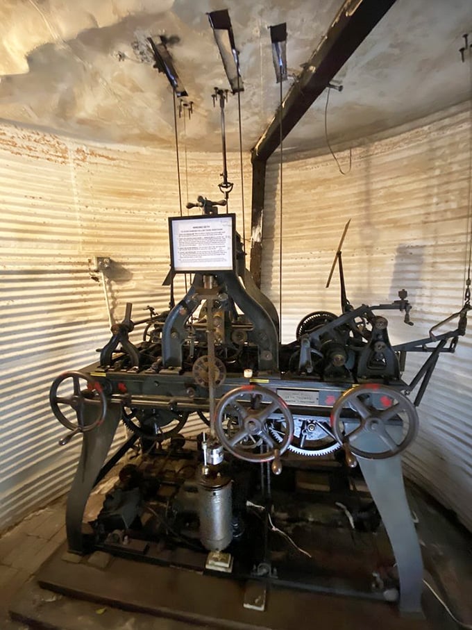 Mechanical marvels housed in a corrugated metal drum—industrial archaeology at its finest. The gears of history are still turning here.