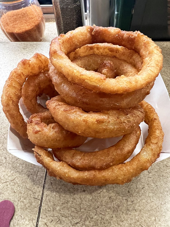 These onion rings aren't just side dishes—they're golden halos of crispy perfection. The kind worth fighting over with your dining companion. 