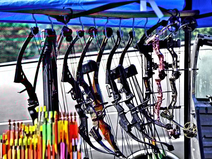 Hunting for sport or sporting the hunt? These compound bows hang like modern-day Excaliburs, waiting for their weekend warriors.