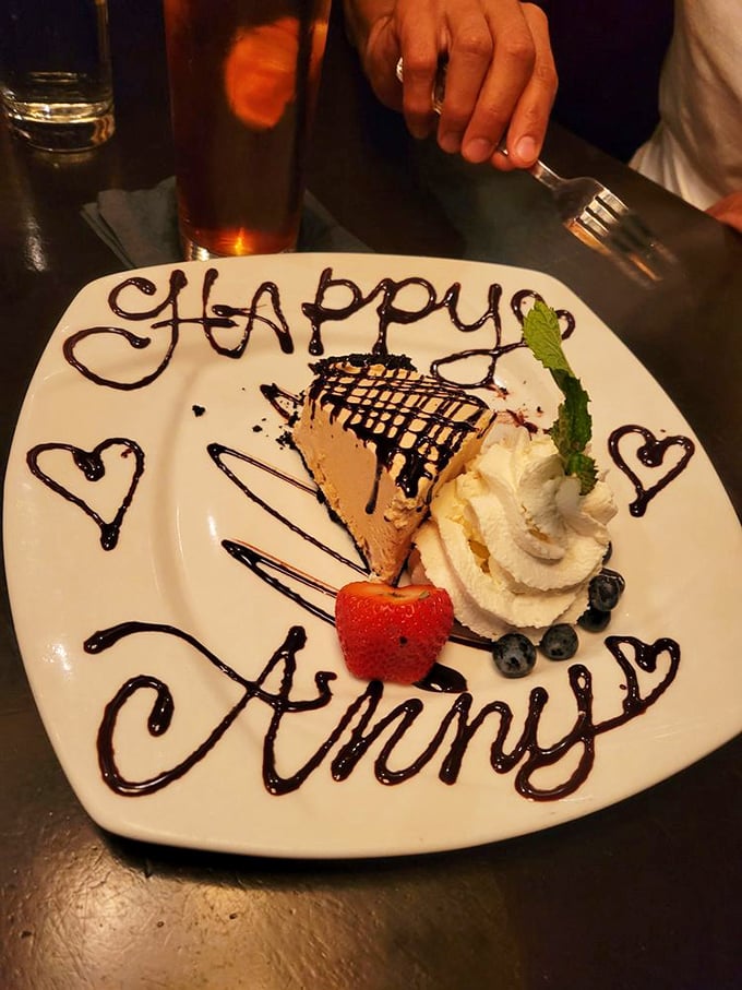 That chocolate drizzle on the peanut butter pie looks like edible modern art – Warhol would be jealous.