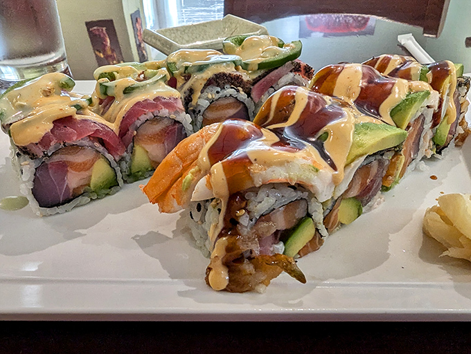 This specialty roll is what happens when a sushi chef decides to show off – layers of flavor and texture that make your taste buds do a happy dance.