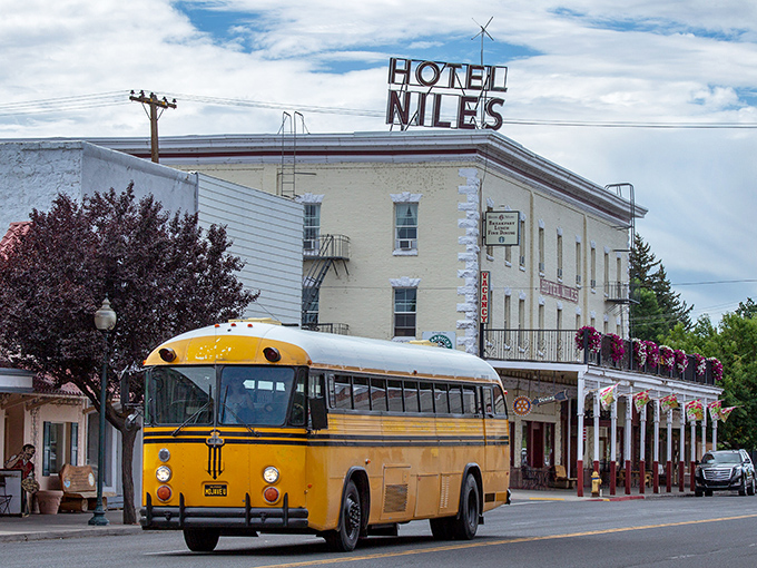 This vintage yellow bus parked outside the Niles Hotel isn't retro-chic—it's authentically vintage, like the town itself.