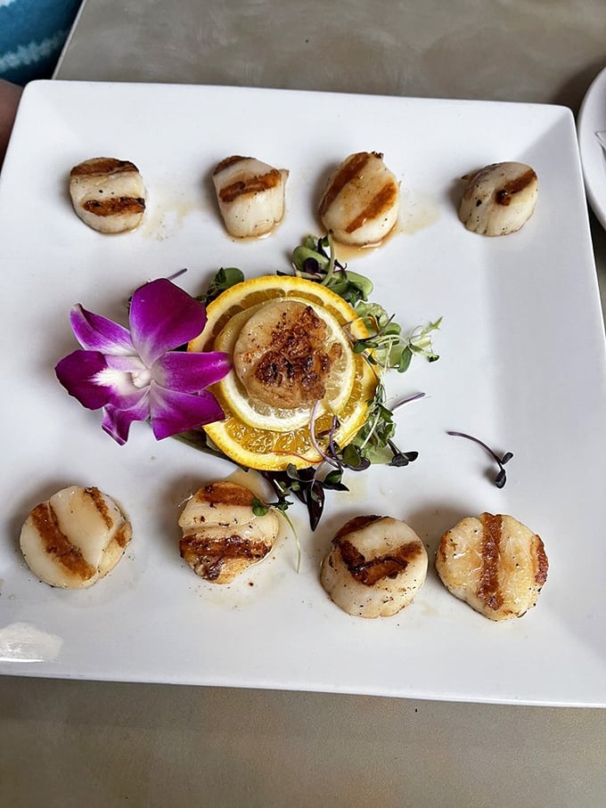Perfectly seared scallops arranged like a clock around citrus and microgreens—seafood this fresh doesn't need a complicated introduction, just a moment of silent appreciation.