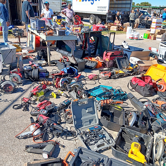 Tool apocalypse or handyman heaven? This chaotic spread of power tools would make Tim Allen grunt with approval. Fixer-uppers, your supplies await!