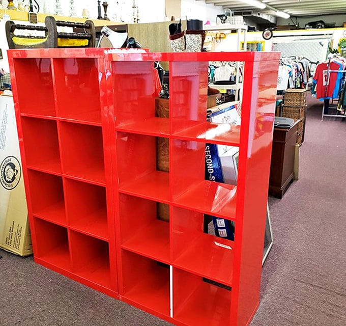 This fire-engine red shelf unit isn't just storage—it's a blank canvas waiting for your collection of quirky knickknacks or vintage vinyl.