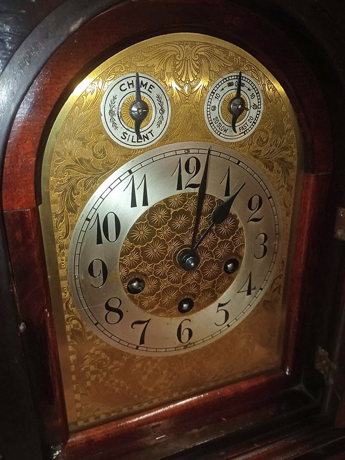 This ornate mantel clock doesn't just tell time—it tells stories. Imagine the homes it's graced since grandfather's day, still ticking away faithfully.