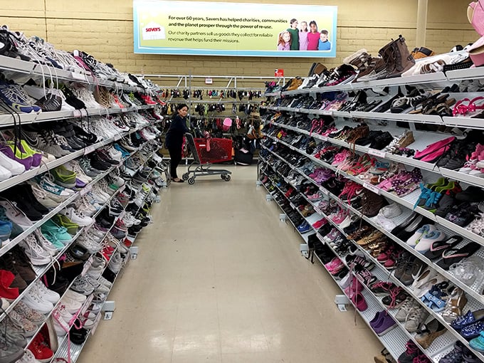 The shoe aisle stretches like a footwear freeway. These barely-worn heels are ready for their second dance, no blisters from breaking them in!