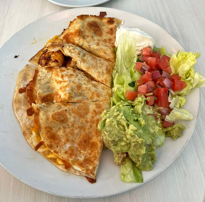 This quesadilla doesn't just have cheese—it's having a full-on fiesta with guacamole and pico de gallo joining the party on your plate.