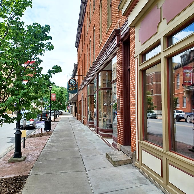 Wide sidewalks and historic storefronts create a walkable downtown where window shopping doesn't inevitably lead to wallet-emptying purchases.