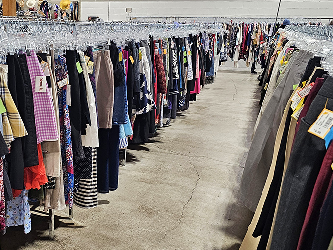 The pants and skirts section is meticulously organized—a rainbow of fabric possibilities hanging in perfect formation.