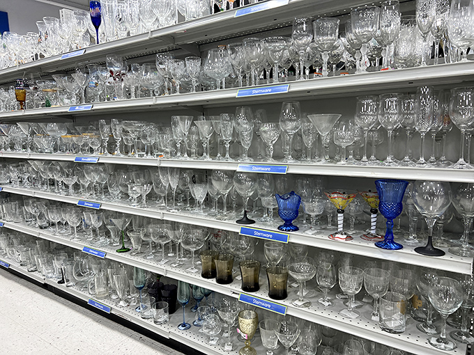 Stemware for every occasion lines these shelves. From casual Tuesday night wine to "the in-laws are coming" emergency glassware.