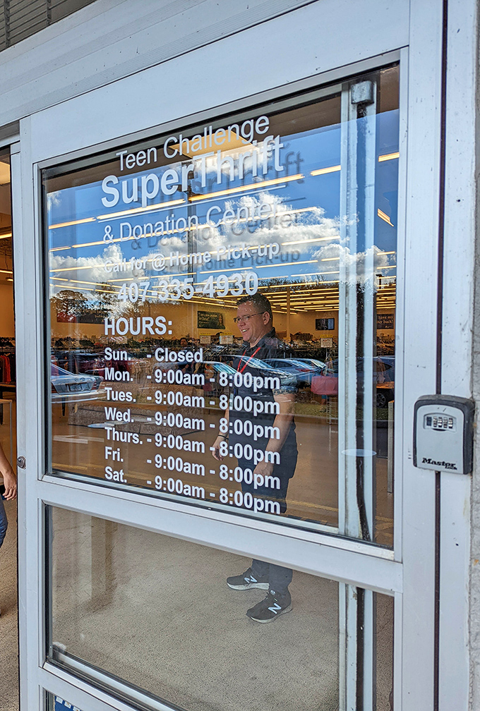 The store hours reveal SuperThrift's commitment to bargain hunters – open six days a week for your treasure-hunting convenience.