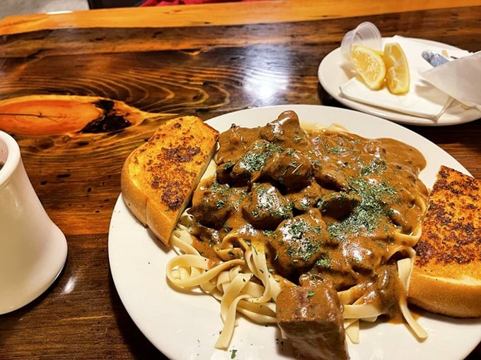 Pasta that would make an Italian grandmother nod in approval – hearty beef stroganoff over noodles with garlic bread standing by for sauce-sopping duty.