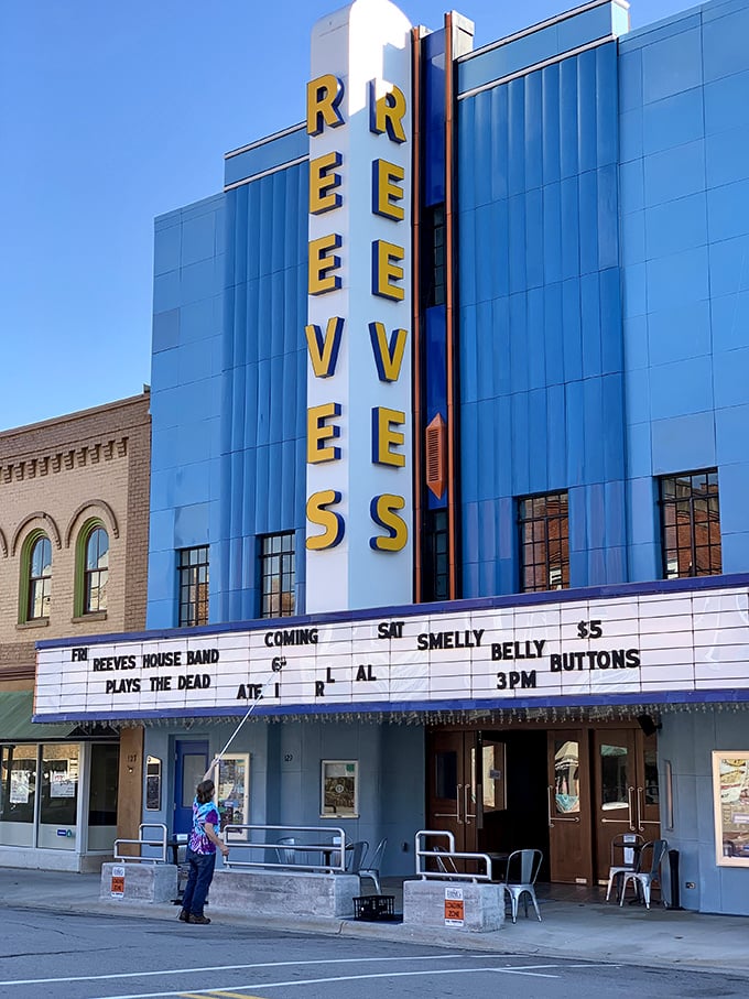 The Reeves Theater's iconic blue façade and vintage marquee promise entertainment that's refreshingly authentic in our age of endless streaming options.