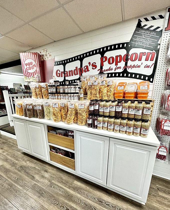Popcorn paradise where every kernel has fulfilled its destiny. "Thanks for poppin' in" isn't just cute wordplay—it's an invitation to indulge.