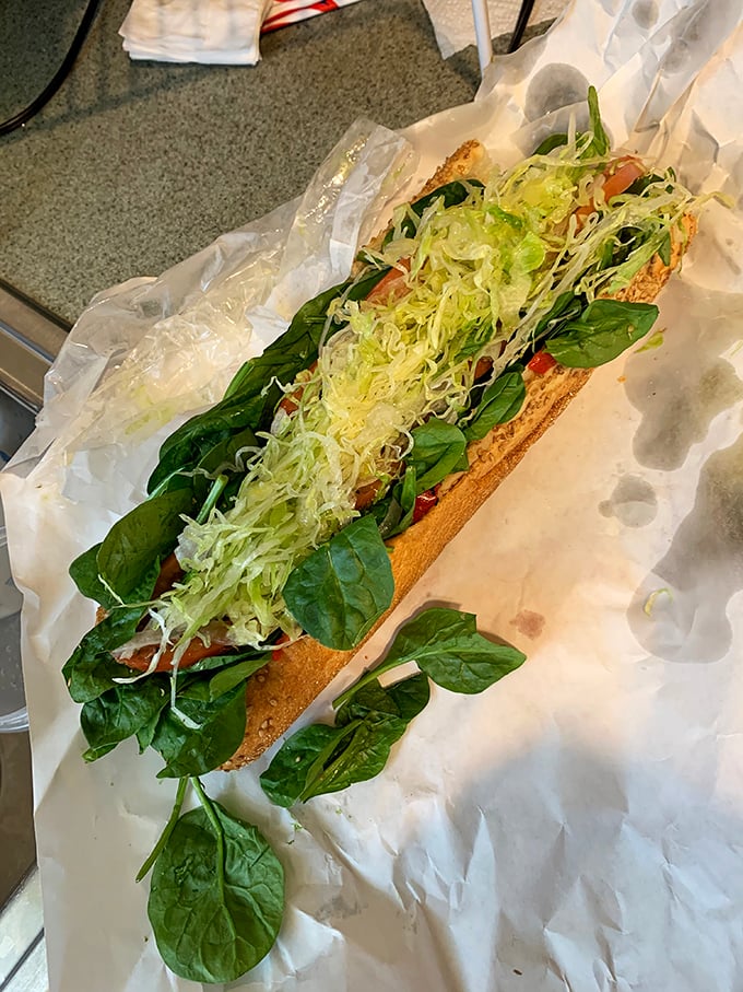 The veggie hoagie proves that plants can party too—especially when extra spinach is invited to this crisp, colorful bash.