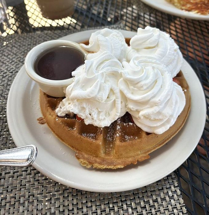 This waffle isn't just topped with whipped cream—it's wearing a cloud costume. Breakfast theater at its finest.