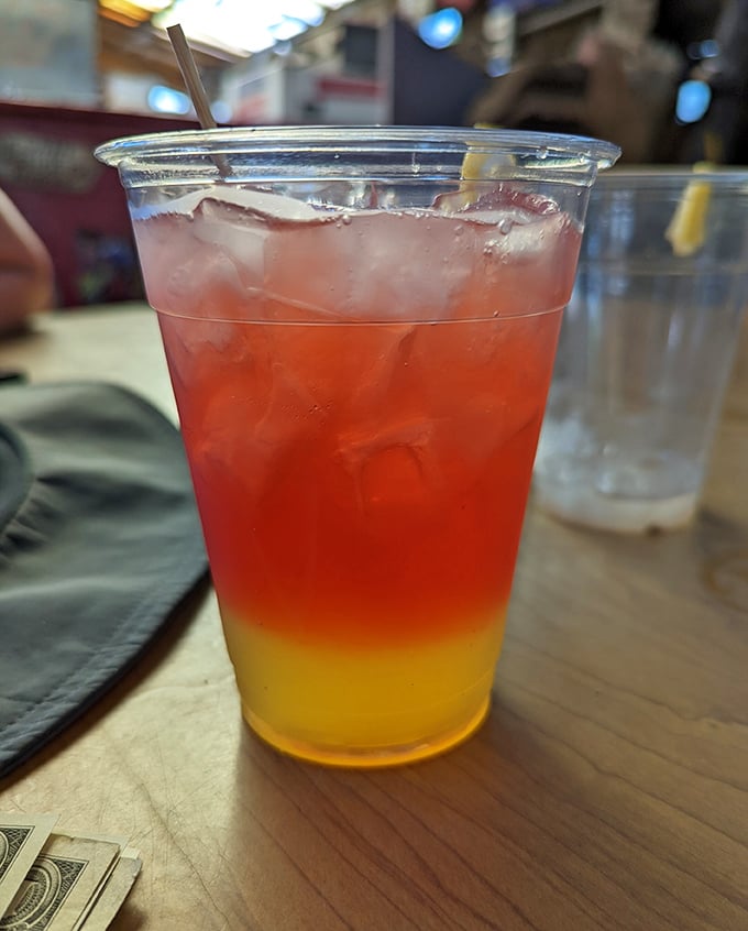 A rainbow of refreshment awaits. The multi-colored drinks match the eclectic surroundings, proving beauty exists in both structure and libation.