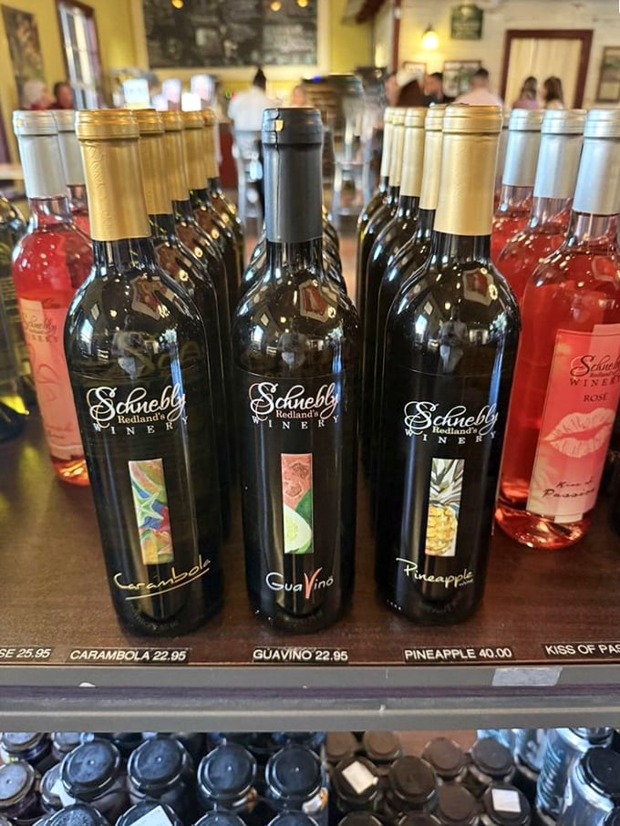 The wine lineup reads like a fruit salad's dream career path. Carambola, GuaVino, and Pineapple—Florida's liquid ambassadors.