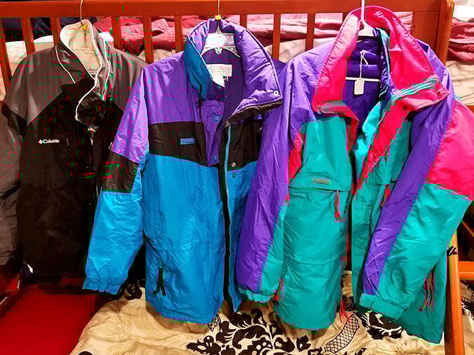 The winter jacket collection looks like a 1990s ski lodge exploded – Columbia meets neon in a nostalgic display of weather protection.