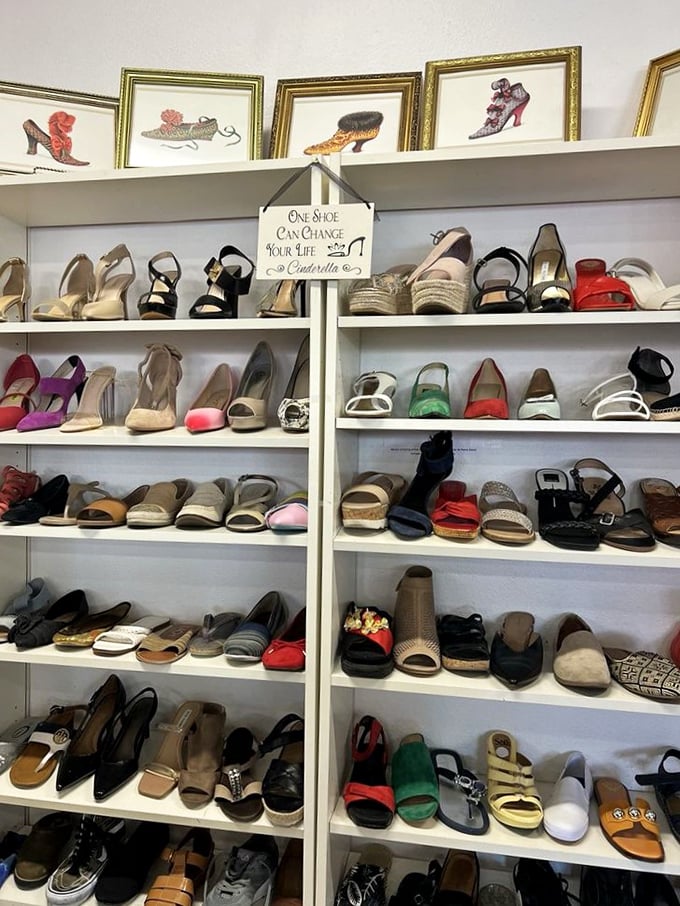"One shoe can change your life," says the Cinderella sign, presiding over a rainbow of footwear options that won't give your wallet glass slipper syndrome.