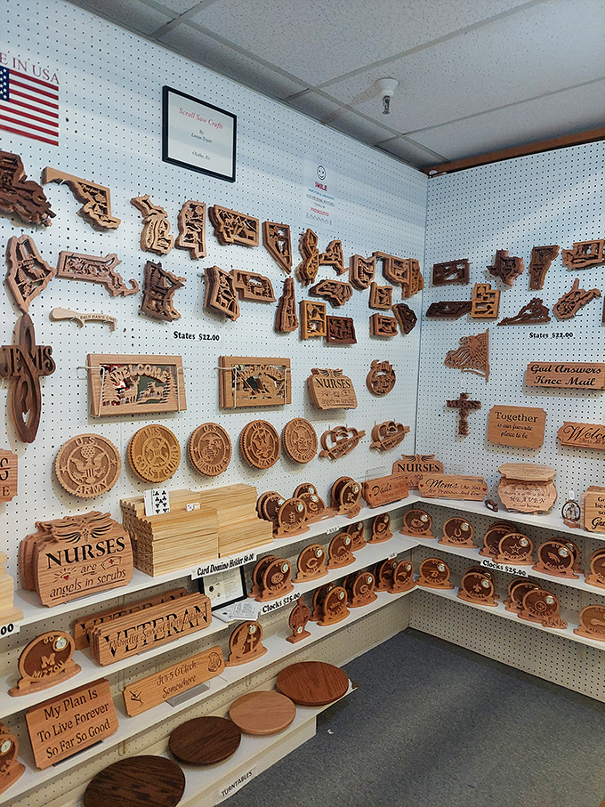 Handcrafted wooden state outlines and inspirational plaques showcase the enduring appeal of American craftsmanship and hometown pride.