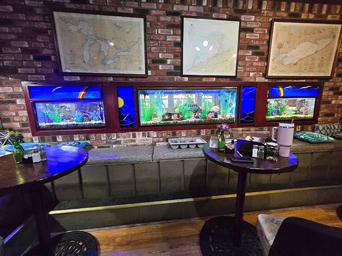 The only fish watching you eat fish—these aquariums bring the underwater world tableside while you contemplate your deliciously ironic meal choices.