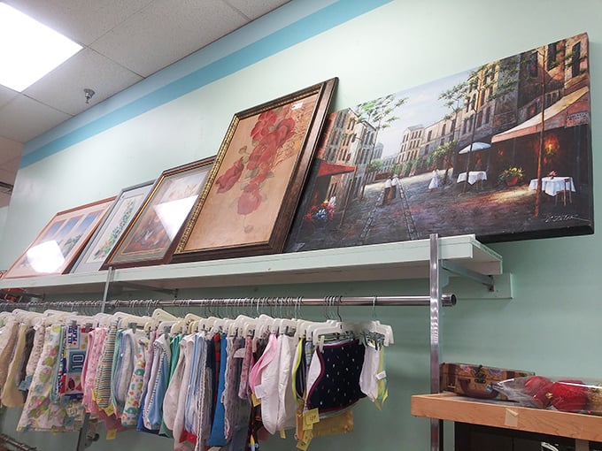 Wall art that ranges from "someone's grandmother loved this" to "wait, is that actually valuable?" Décor roulette at its finest.