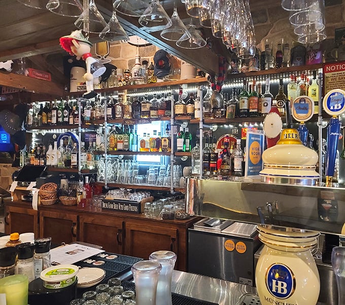 A bar that Oktoberfest would approve of. The impressive collection of spirits and steins suggests they take their liquid hospitality as seriously as their food.