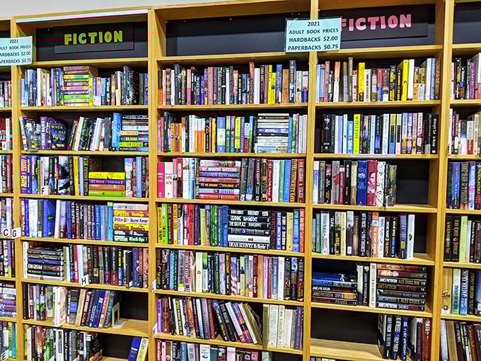 The fiction section rivals small-town libraries, with enough paperbacks to survive both zombie apocalypse and extended power outages in style.