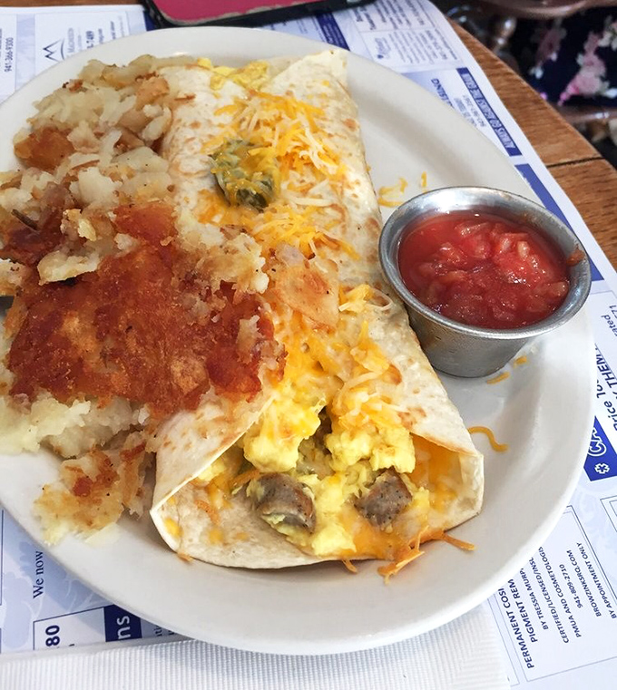 This breakfast burrito doesn't just break fast—it shatters expectations with eggs, cheese, and potatoes wrapped in a warm tortilla hug.