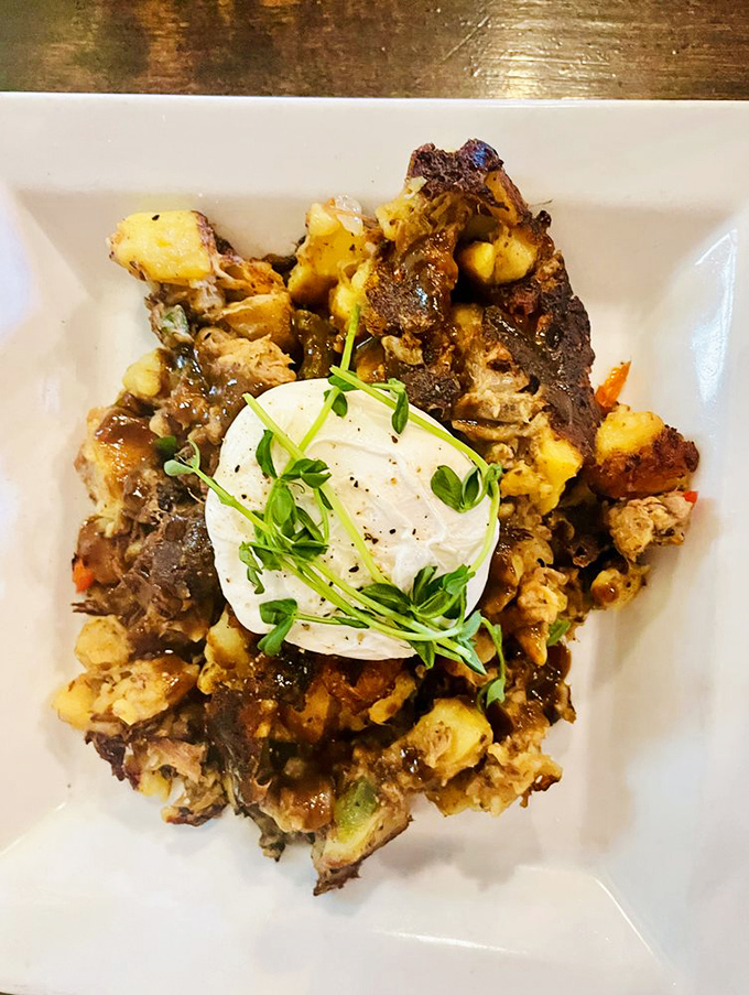 Perfectly seared steak atop a canvas of roasted vegetables. When breakfast and dinner have a beautiful collision, this is the delicious result.
