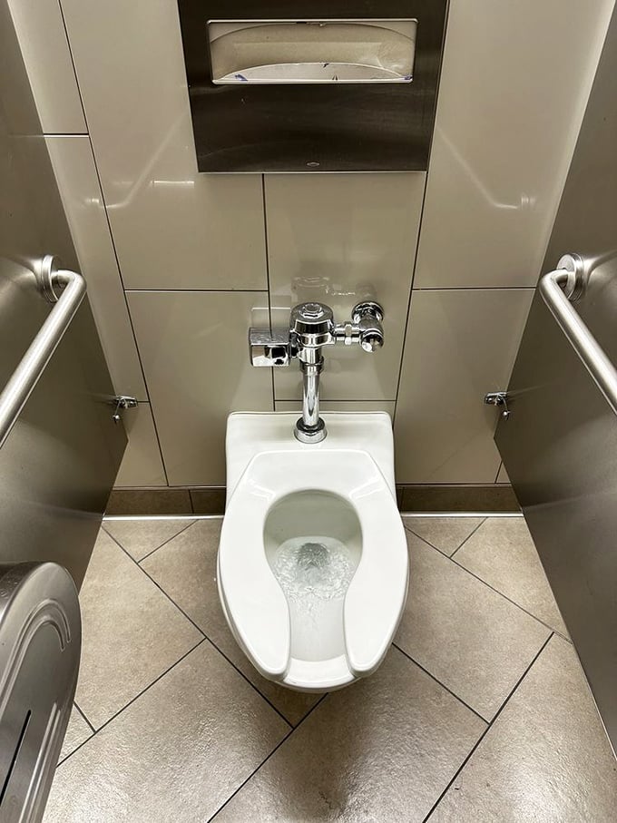 Even the restrooms are no-nonsense practical. Clean, functional, and ready to accommodate shoppers who've had one too many free coffee samples.