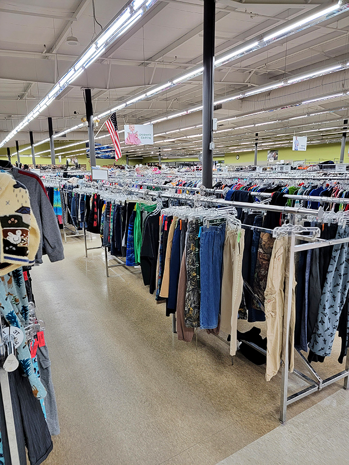 The clothing section stretches to the horizon. Somewhere in this sea of secondhand fashion lurks the perfect vintage band tee or that designer label nobody else will find.